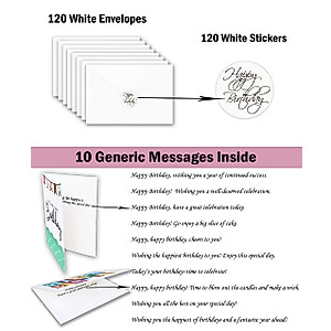 120 Happy Birthday Cards with Short Generic Message Inside , Assorted Greeting Notes Bulk with Envelopes and Stickers, 10 Unique Designs, 4x6 Inch, Thick Cardstock, Sturdy Box for Business and Personal
