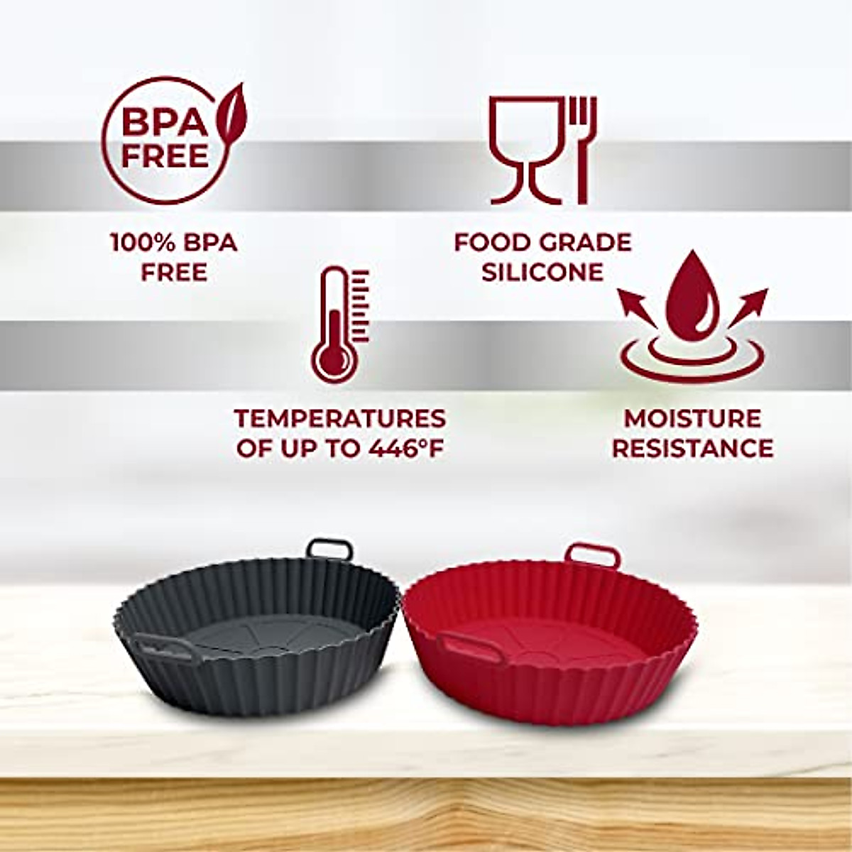 Air Fryer Silicone Liners Set of 2 Air Fryer Liners Pot Reusable Silicone Liners for Cooking, Baking, Oven Safe Replacement of Flammable Parchment Liner paper Grey+Red (Top 8 in, Bottom 6.8in)