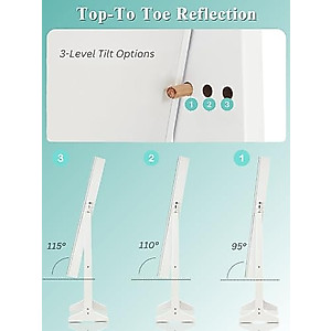 LUXFURNI LED Light Jewelry Cabinet Standing Full Screen Mirror Makeup Lockable Armoire, Large Cosmetic Storage Organizer w/Brush Holder (White)