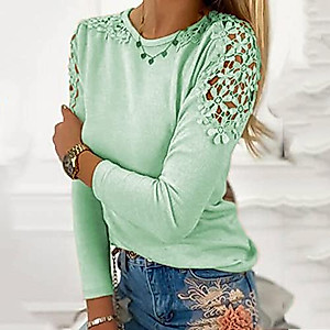 Off Shoulder Tops for Women Ladies Long Sleeve Round Neck T-Shirt Sexy Lace Crochet Flowy Tunic Tees Pullover Loose Blouse Green