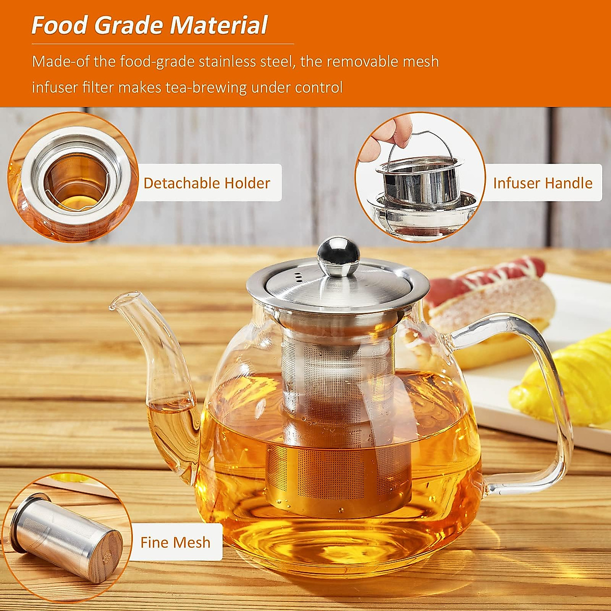 42oz/1250ml Glass Tea Kettle，Glass Teapot with Removable Stainless Steel Infuser, for Blooming and Loose Leaf Tea, Stovetop & Microwave Safe Tea Pot, Tea Maker's Choice