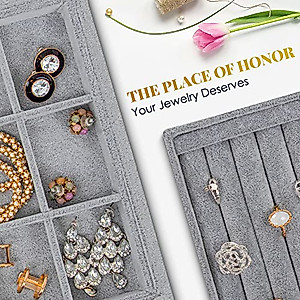 Houseables Jewelry Tray Organizer, Stackable Accessories, Storage, 13.8"x 9.5", Grey, 4 Pcs, Earring Box, Adjustable Drawer Insert, Velvet Ring Holder, Bracelet & Necklace Display, Cufflink Case