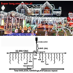 Maojia LED Christmas Lights Decorations Outdoor - 66Ft 640 LEDs 8 Modes Curtain Fairy Lights with 120 Drops, Waterproof LED String Lights for Holiday Wedding Party Garden Decorations, Cold White
