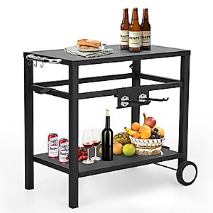 AKDSteel Grill Cart with Wheels & Hooks, Double-Shelf Outdoor Movable Dining Cart Table for Bar Patio Camping Home Cooking Table for Outdoors Stainless Steel