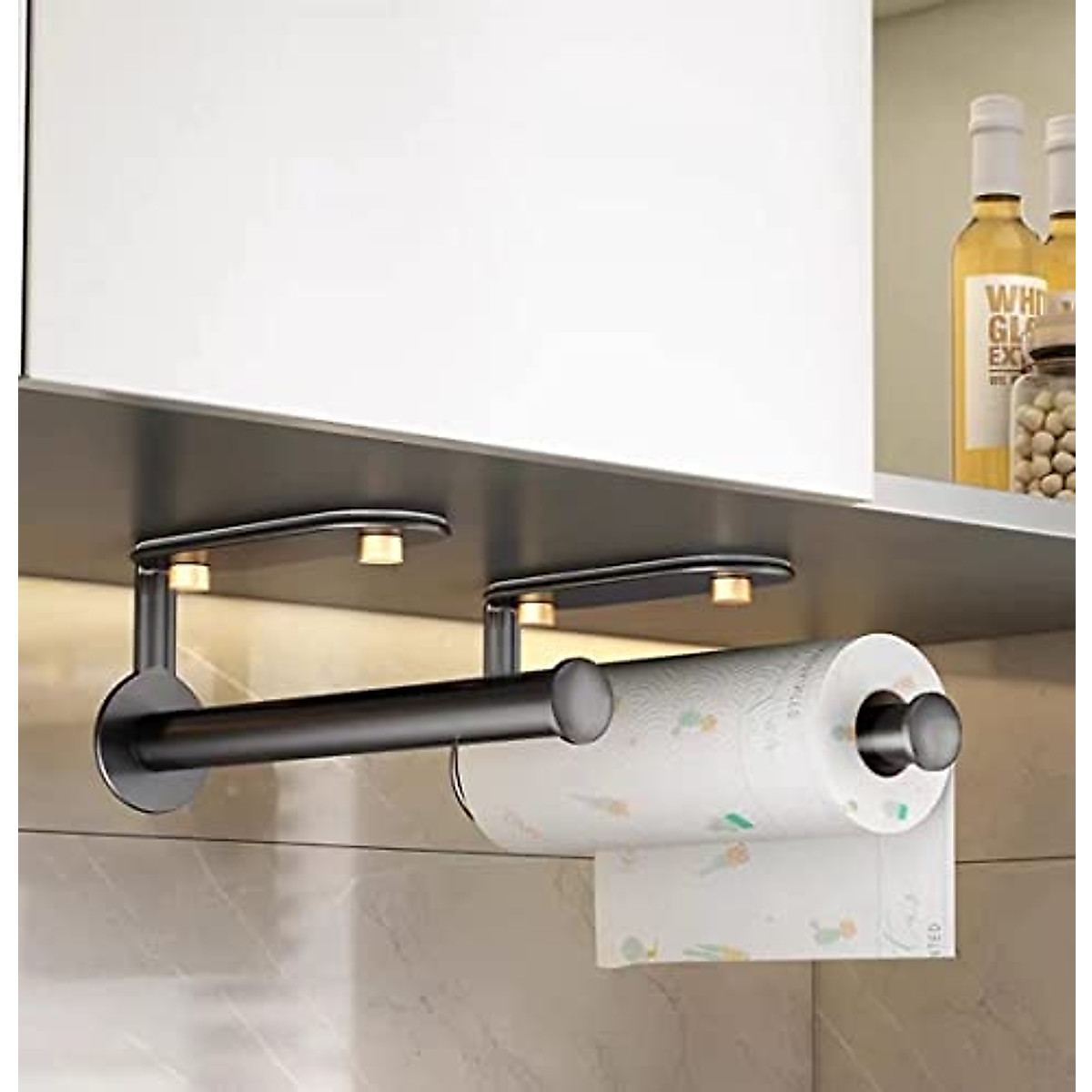 Paper Towel Holder Under Cabinet, Self Adhesive Black Paper Towel Holder for Kitchen Under Counter Cabinet Bathroom, for Holding Paper Towel, Plastic Wrap, Tin Foil, Toilet Paper Roll