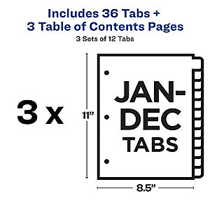 Avery Jan-Dec 12 Tab Dividers for 3 Ring Binders, Customizable Table of Contents, Multicolor Tabs, 3 Sets (44128)