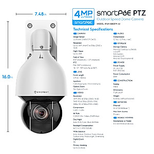Amcrest 4MP Outdoor PTZ POE + IP Camera Pan Tilt Zoom (Optical 32x Motorized) UltraHD POE+ Camera Security Speed Dome, People and Vehicle Detection AI, 492ft Night Vision POE+ (802.3at) IP4M-1083EW-AI