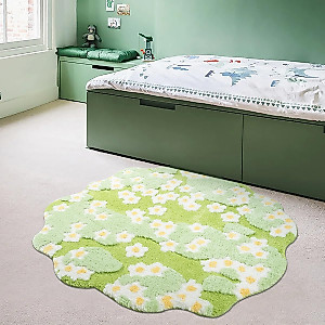 Moss Rug 3D Stereo Irregular Rug Nature Flowers Daisy Moss Rug for Living Room Bedroom Home Aesthetic Decor Floor Mat Indoor Floor Plush Shaggy Area Rug Anti-Slip Cute Rugs (39.4*39.4in) (green)