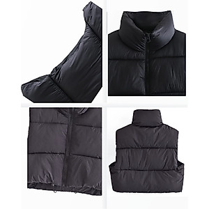 Shiyifa Women's Fashion High Neck Zipper Cropped Puffer Vest Jacket Coat (Black, Large)