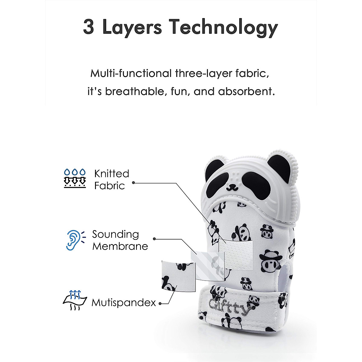 Giftty Baby Teething Mitten Panda Teether Mitt Chewing Glove Infant Toy Teething Glove Baby Chew Mitt with Finger Toothbrush BPA-Free for Baby Boys Girls - 1 Pair + 1 Toothbrush