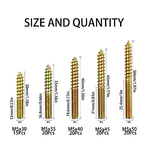 Rrina 95Pcs M5 Hanger Bolts Studs Dowel Screw Double Ended Self-Tapping Threaded Assortment Set for Wood Joint Furniture Legs