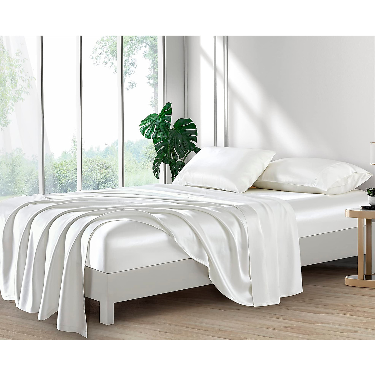 Lanest Housing Silk Satin Sheets, 4-Piece Queen Size Satin Bed Sheet Set with Deep Pockets, Cooling Soft and Hypoallergenic Satin Sheets Queen - Ivory