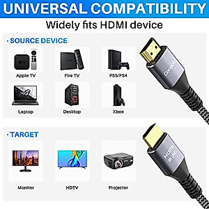 Certified HDMI Cable, Real 8K 2.1 Cable 2 Feet (2 Pack), 48Gbps, Short Ultra HD Braided Cord, Supports 8K@60Hz 4K@120Hz, eARC, HDR, HDCP 2.2 2.3, for Laptop, Monitor, Switch, PS5/PS4, Xbox, UHD TV