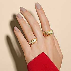 LANE WOODS Chunky Ring Set: 14k Gold Plated Croissant Braided Twisted Dome Ring Jewelry for Women Men