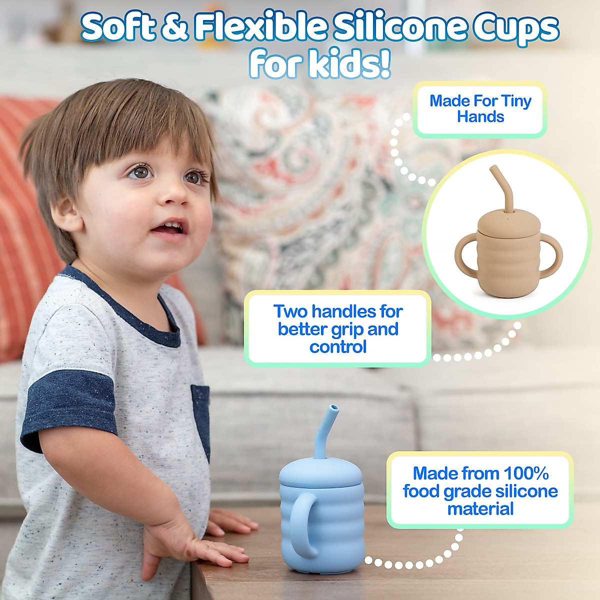 Cute 2-1 Silicone Straw Sippy Cup with Stopper - 5.4 OZ Spill-proof Sippy Cups for Baby 6+ Months w/ Dbl Handles, Grooved Body & Angled Straw for Fun & Safe Drinking - Includes Cleaning Brush - Green