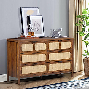 LEVNARY 6 Drawer Dresser for Bedroom, Rattan Dresser Drawer Organizer with Metal Handles, Accent Wood Chest of Drawers for Entryway, Closet, Living Room, Hallway, Nursery (Walnut)