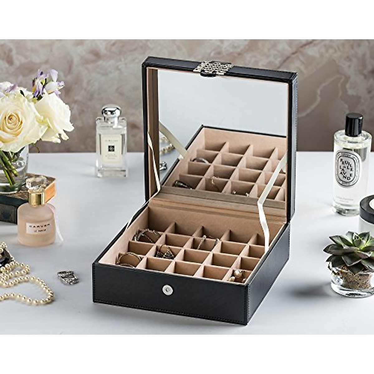 Glenor Co Classic 50 Slot Jewelry Box Earring Organizer with Large Mirror, Black