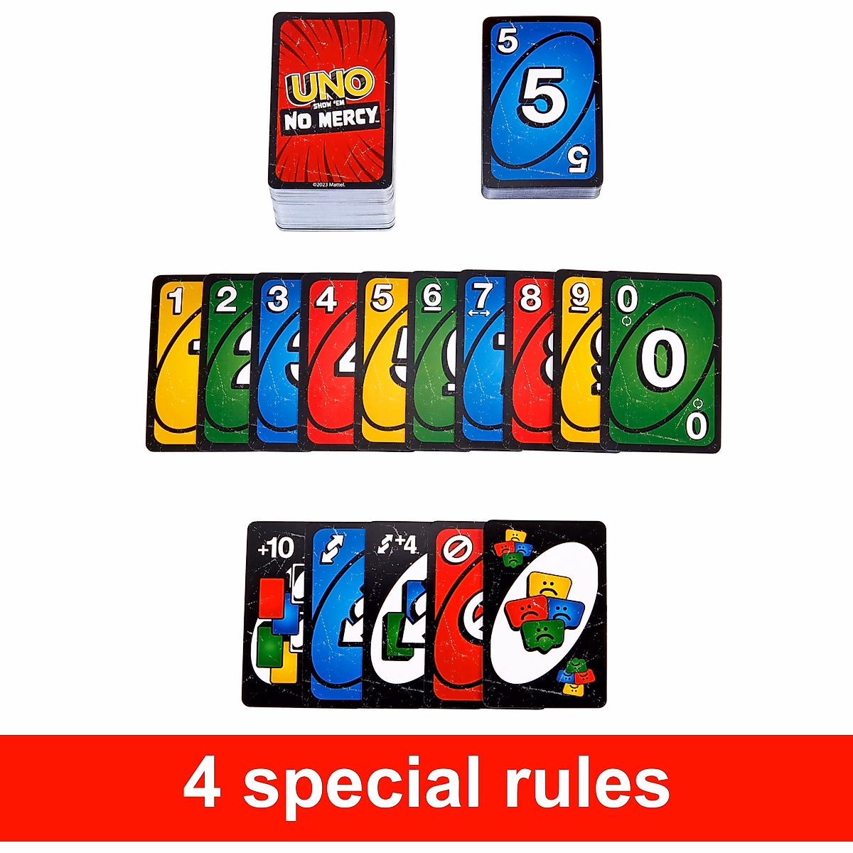 Mattel Games UNO Show ‘em No Mercy Card Game in Storage & Travel Tin for Kids, Adults & Family Night with Extra Cards, Special Rules & Tougher Penalties (Amazon Exclusive)