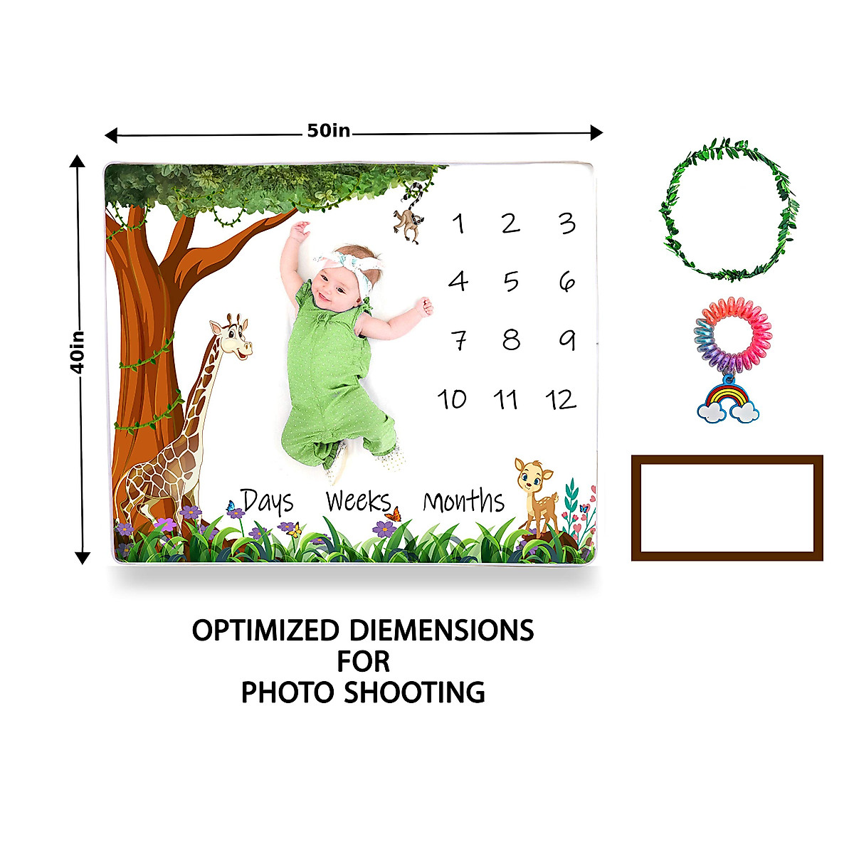 Qualitish Baby Monthly Milestone Blanket Boy Girl, Unisex baby milestone blanket | 40X50 inch Large Premium Extra Soft, Cozy Minky Fleece | Newborn Month Photo Blanket with Wreath Frame and Wrist Band