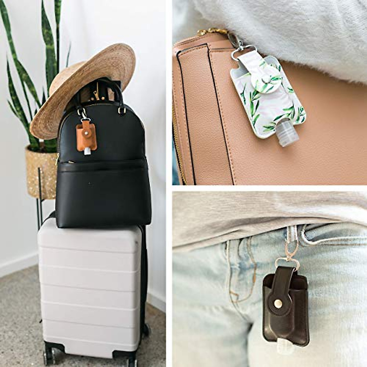 VENTURED LIVING Hand Sanitizer Holder Keychain Set of 2 - Premium Vegan Leather & Leakproof Empty Hand Sanitizer Bottles - Mini Travel Hand Sanitizer Keychain Holder for Backpack & Purse (Black & Tan)