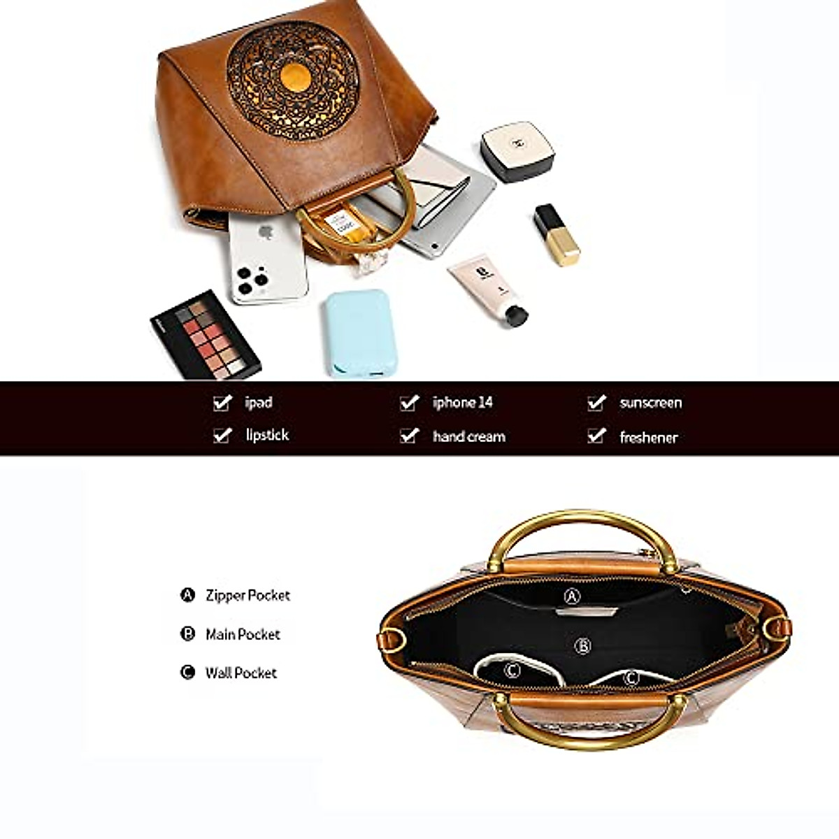 Ebesa Women Genuine Leather Handbags, Organizer Retro Vegetable Tanning leather bag Vintage Embossing Totem Shoulder Bag (orange brown)