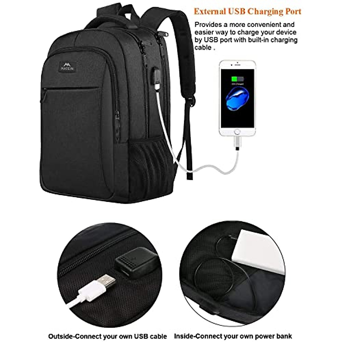 MATEIN Business Laptop Backpack, 15.6 Inch Travel Laptop Bag Rucksack with USB Charging Port, Water-Resistant Bag Daypack for Work Anti-Theft College Computer Men Women Backpack, Black