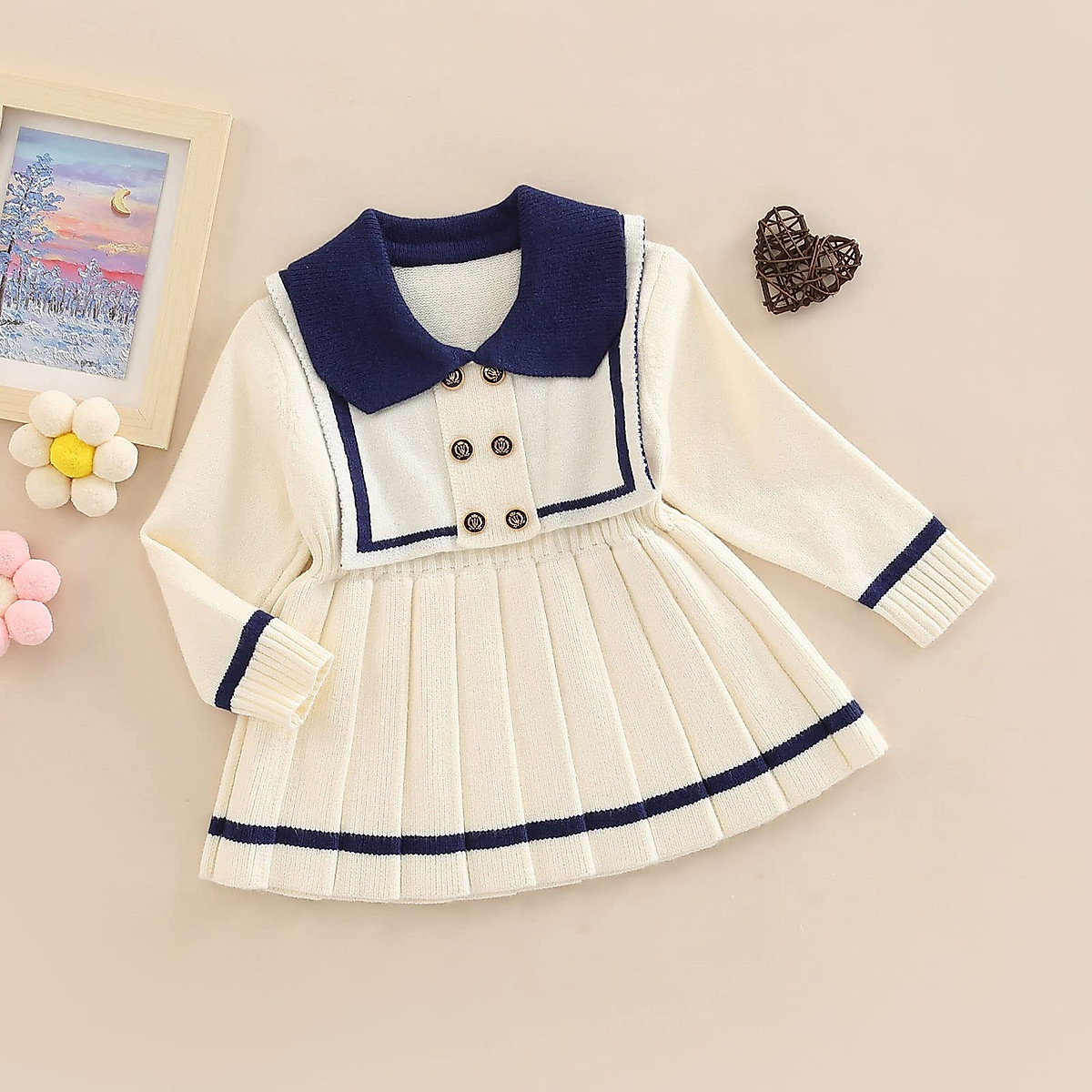 LXXIASHI Baby Girls Knitted Sweater Dress Toddler Girls Sailor Dress Long Sleeve Fall Winter Pleated Dress (Apricot, 2-3T)