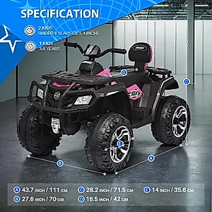 Joywhale 24V 2-Seater Ride on ATV 4WD Quad Powerful 4-Wheeler Electric Car for Big Kids, with 400W Strong Engine, 9AH Large Battery, Metal Suspension, Soft Braking, Music & Bright Headlights, Pink