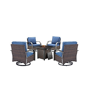 HUMMUH Outdoor Furniture with Fire Pit -Patio Table and Chairs Set of 4 Swivel Patio Chairs for Deck Porch Garden Poolside Backyard-Brown/Blue