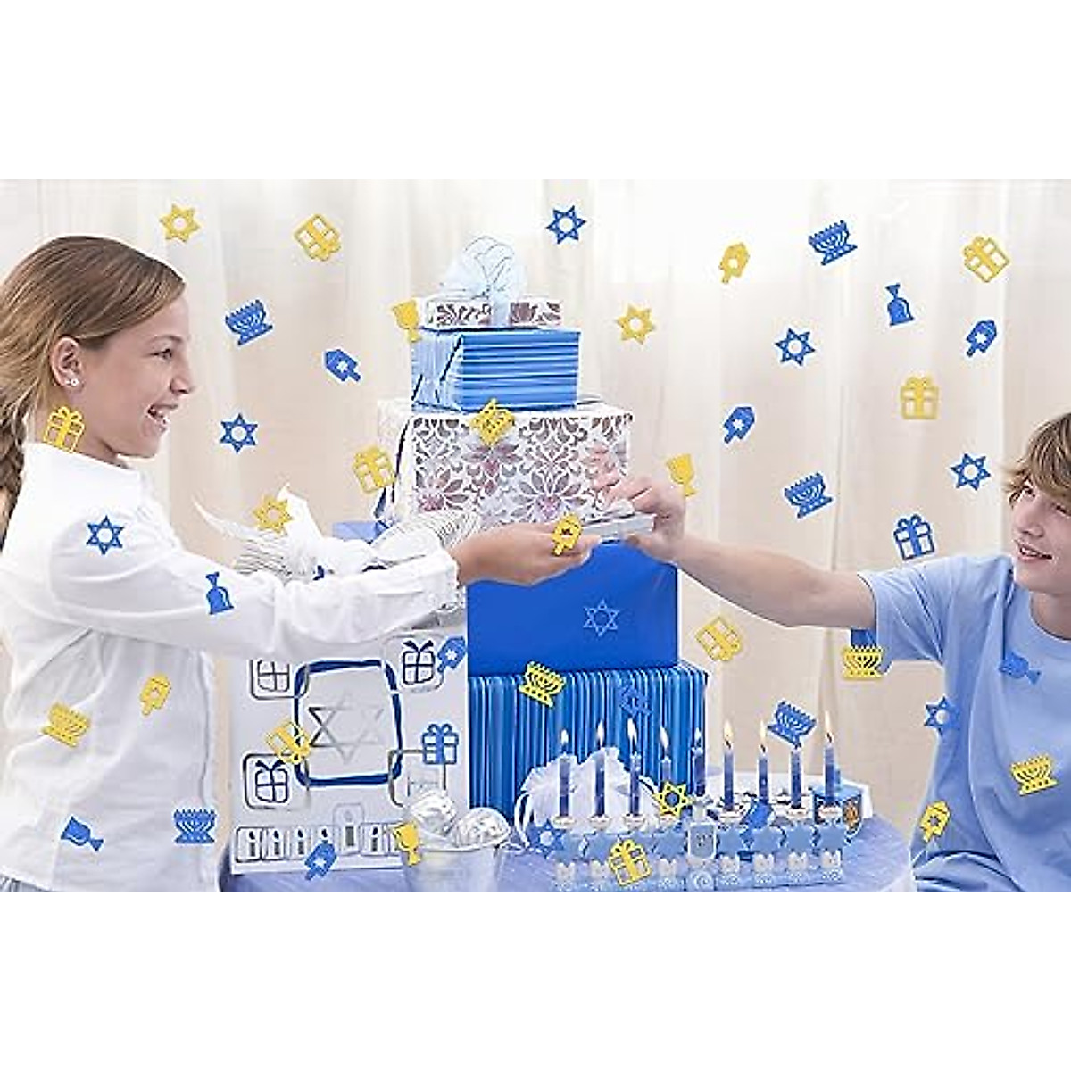 ALIBBON 200 Pcs Happy Hanukkah Confetti Hanukkiah Star of David Confetti Dreidel Gift Menorah Throwing Confetti Blue Gold Glitter Chanukah Confetti Table Scatter for Hanukkah Christmas Table Decor