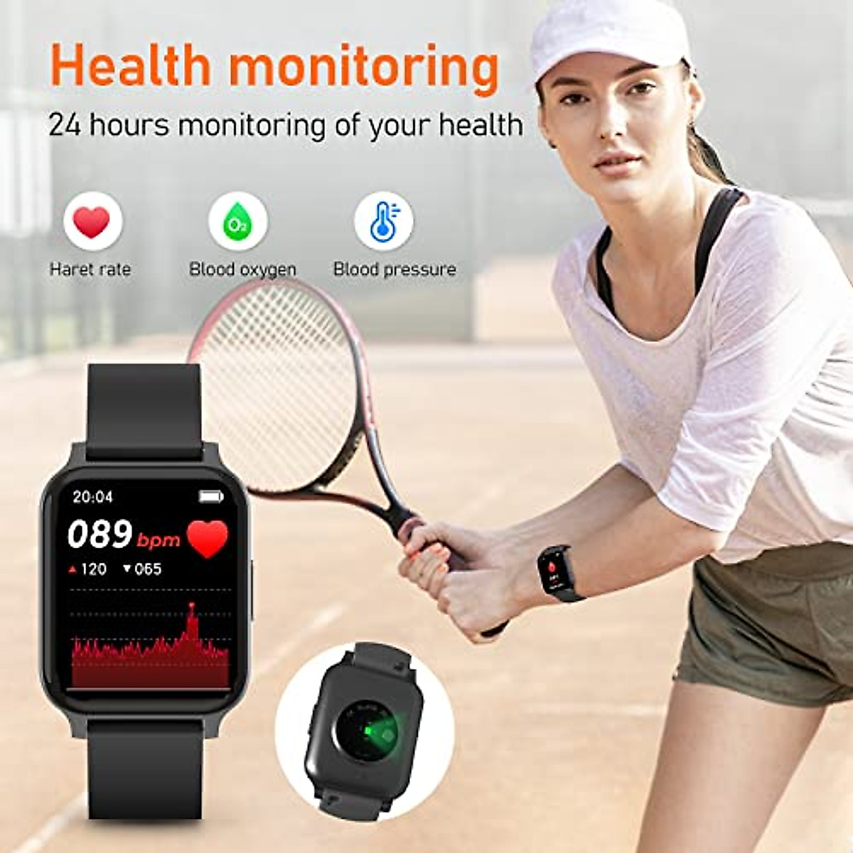 Joombonpia Smart Watches for Men,1.69" Touch Screen Fitness Trackers with Heart Rate Sleep Blood Monitor IP67 Waterproof with Pedometer 24 Sports Mode Smartwatch for Android iOS Phone(Black)