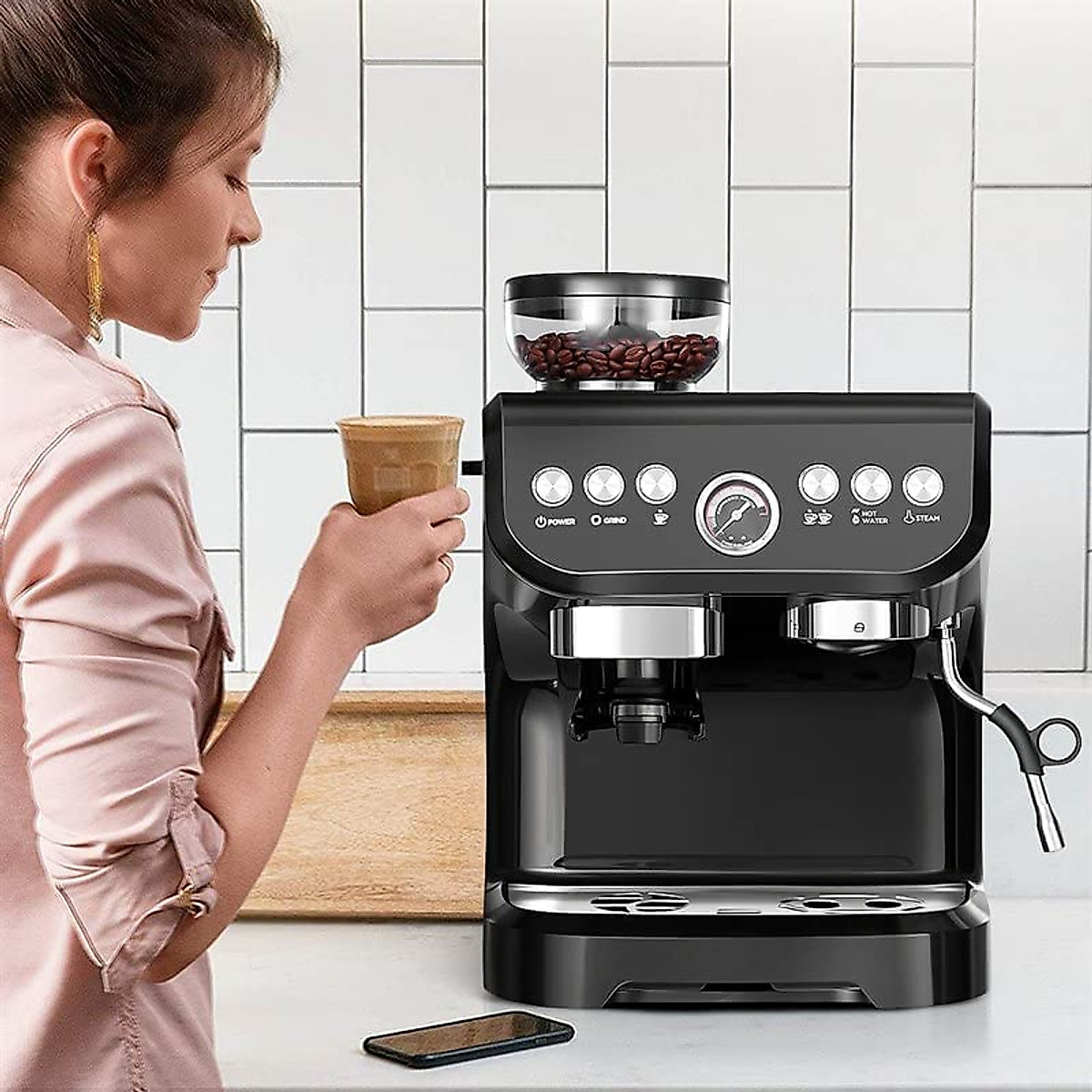 Trustmade Premium Espresso Machine Coffee Maker with Milk Frother, Coffee Grinder, Commercial Coffee Maker Automatic Stainless Steel, Removable Parts for Easy Cleaning，15 Bar