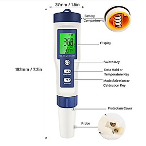 Deosdum 5 in 1 Water Quality Tester Digital PH Salinity Temperature TDS EC Detection Meter Portable Pen Type