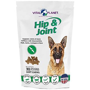 Vital Planet - Hip and Joint Soft Chews for Dogs, with Glucosamine, MSM, and Collagen from Green-Lipped Mussel - 30 Bacon Flavored Soft Chews