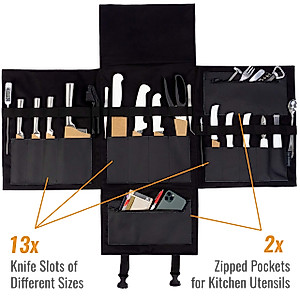 Under NY Sky Knife Bag - Black Real Leather - 13 Knife Slots, 2 Zipped Pockets for Kitchen Utensils, Large Pocket for Tablets & Notebooks - Expandable - Tool Storage Bag Style for Chefs, Cooks, BBQ