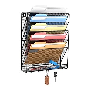 samstar Wall File Organizer with Hooks, 6 Tier Wall Mount File Holder Hanging File Organizer Vertical File Rack for Office/School/Home, Black