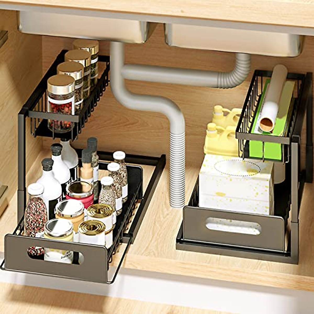 Miskall Under Sink Organizer L Shape 2 Tier Slide Out Sink Shelf for Under Kitchen Bathroom Sink Organizers and Storage Cabinet Organizer Black