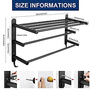 NearMoon Bathroom 3 Tier Towel Shelf- Premium SUS304 Stainless Steel Towel Rack with Double Towel Bar Space Saving Towel Hangers Bath Storage Organizer Accessory Wall Mounted (24 Inch, Matte Black)