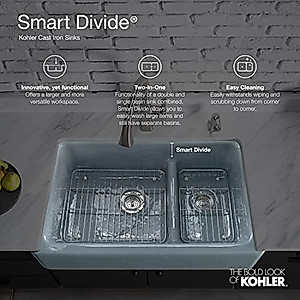 KOHLER K-6426-0 Whitehaven Farmhouse Smart Divide Self-Trimming Undermount Apron Front Double-Bowl Kitchen Sink with Short Apron, 35-1/2-Inch X 21-9/16-Inch X 9-5/8-Inch, White