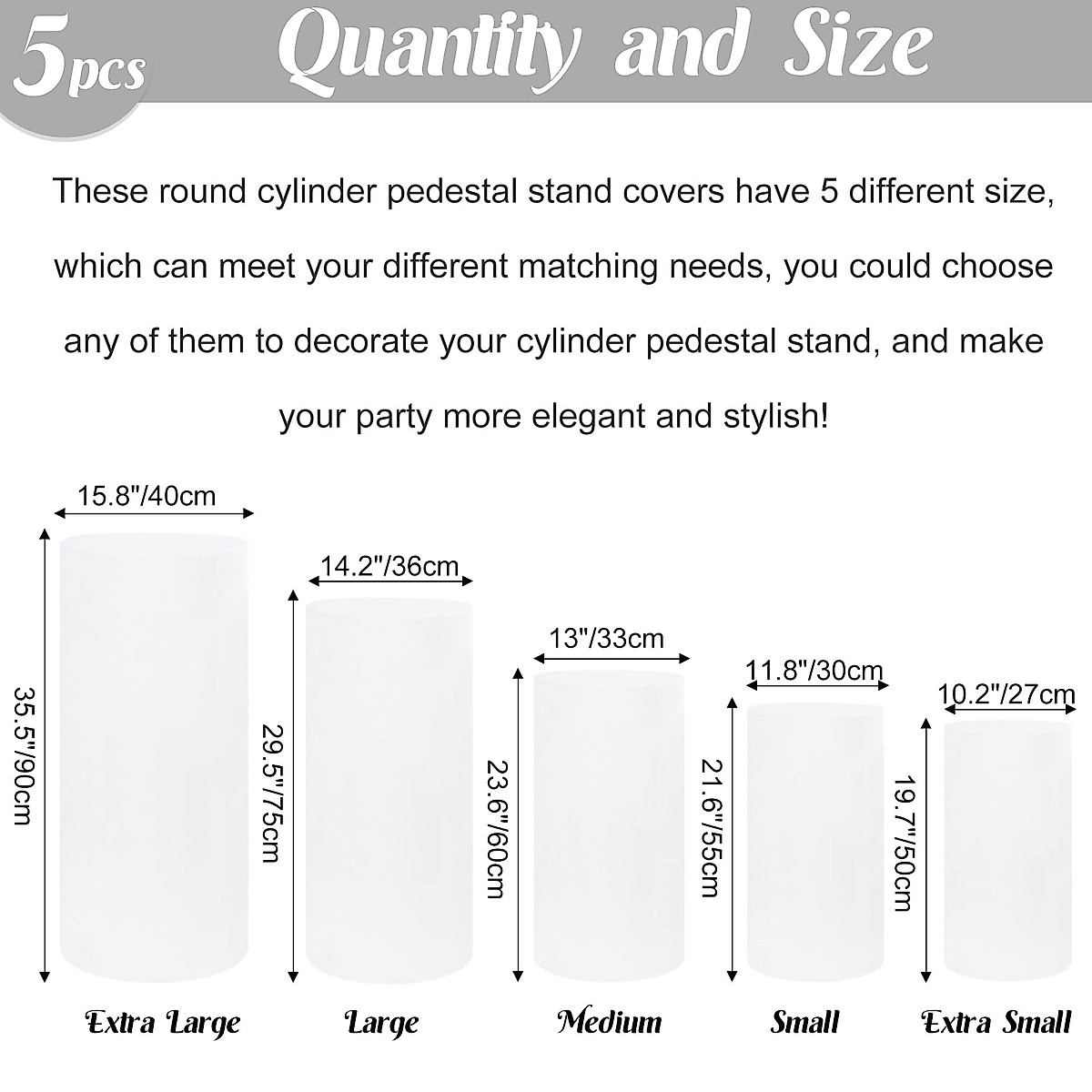 Spandex Cylinder Pedestal Stand Covers Set of 5 Stretchable Cylinder Plinth Covers Dessert Table Display Pillars Cover for Wedding Props Babyshower Birthday Party Event Decor (White)