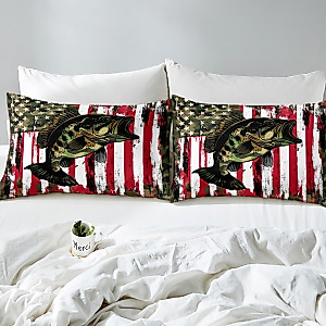 Camo Pike Fish Bed Sheet Set Camouflage American Flag Bass Big Fish Fitted Sheet Fishing and Hunting Bedding Set Fisherman Bedroom Decor Military Bed Cover Queen Size with 2 Pillow Case