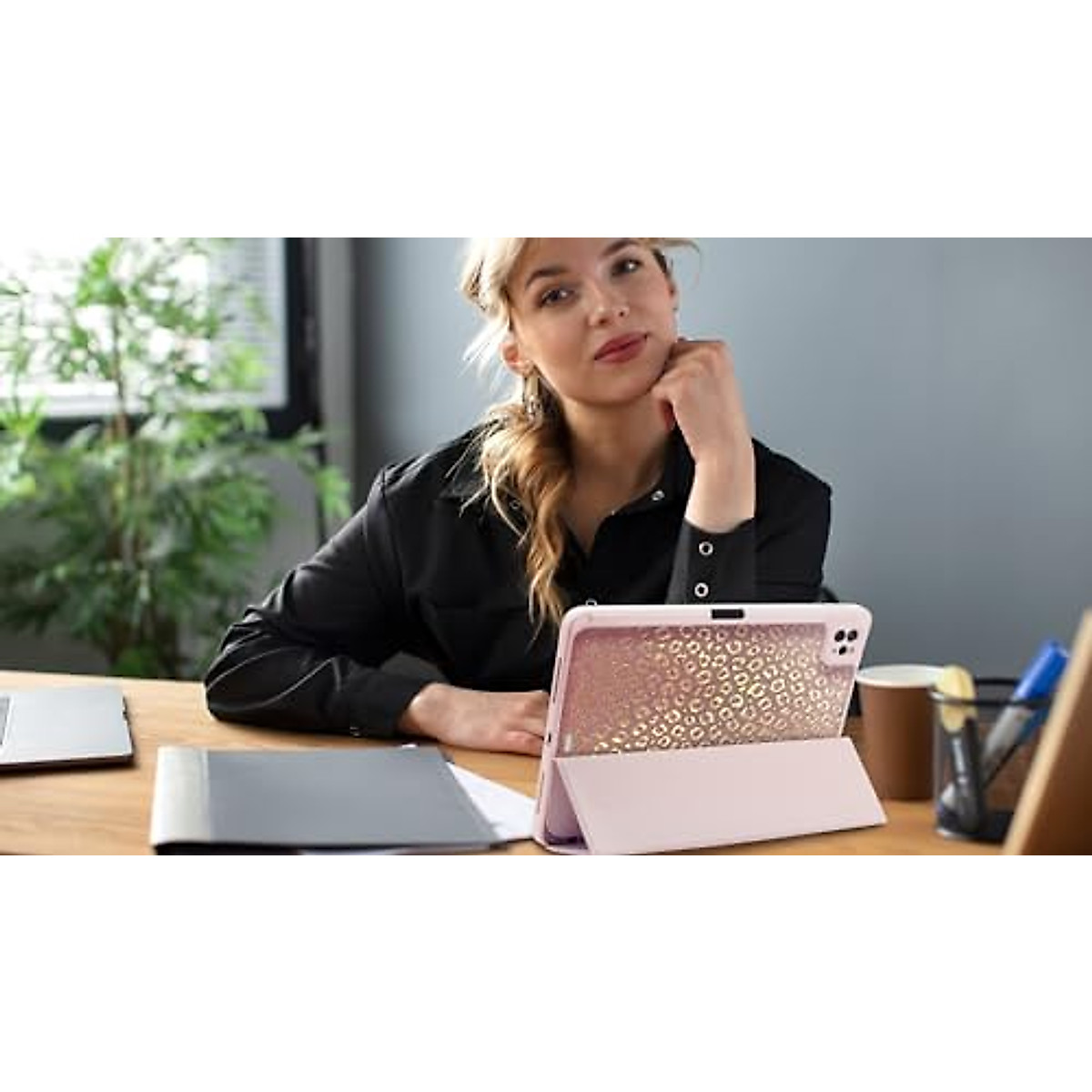 SoFunMoky for iPad Pro 6th/ 5th/ 4th/ 3rd Gen Case 12.9 Inch Cover with Pencil Holder 360 Degree Rotating Stand Glitter Shining Gold Leopard Cheetah Full Protective Auto Wake Sleep Bling, Pink