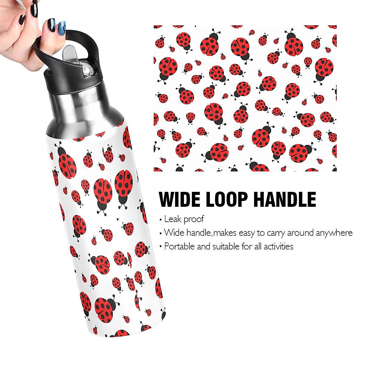 xigua Ladybug Water Bottle Double Walled Stainless Steel Leak Proof Thermo Flask for Sports Gym Cycling Outdoor,33 oz.