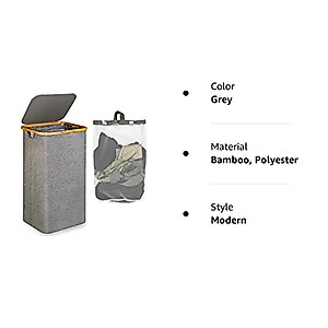 efluky Large Laundry Basket with Lid, 100L Tall Laundry Basket with Bamboo Handles for Clothes and Toys Storage, Freestanding Collapsible Laundry Hamper with Inner Bag for Bedroom and Bathroom, Grey