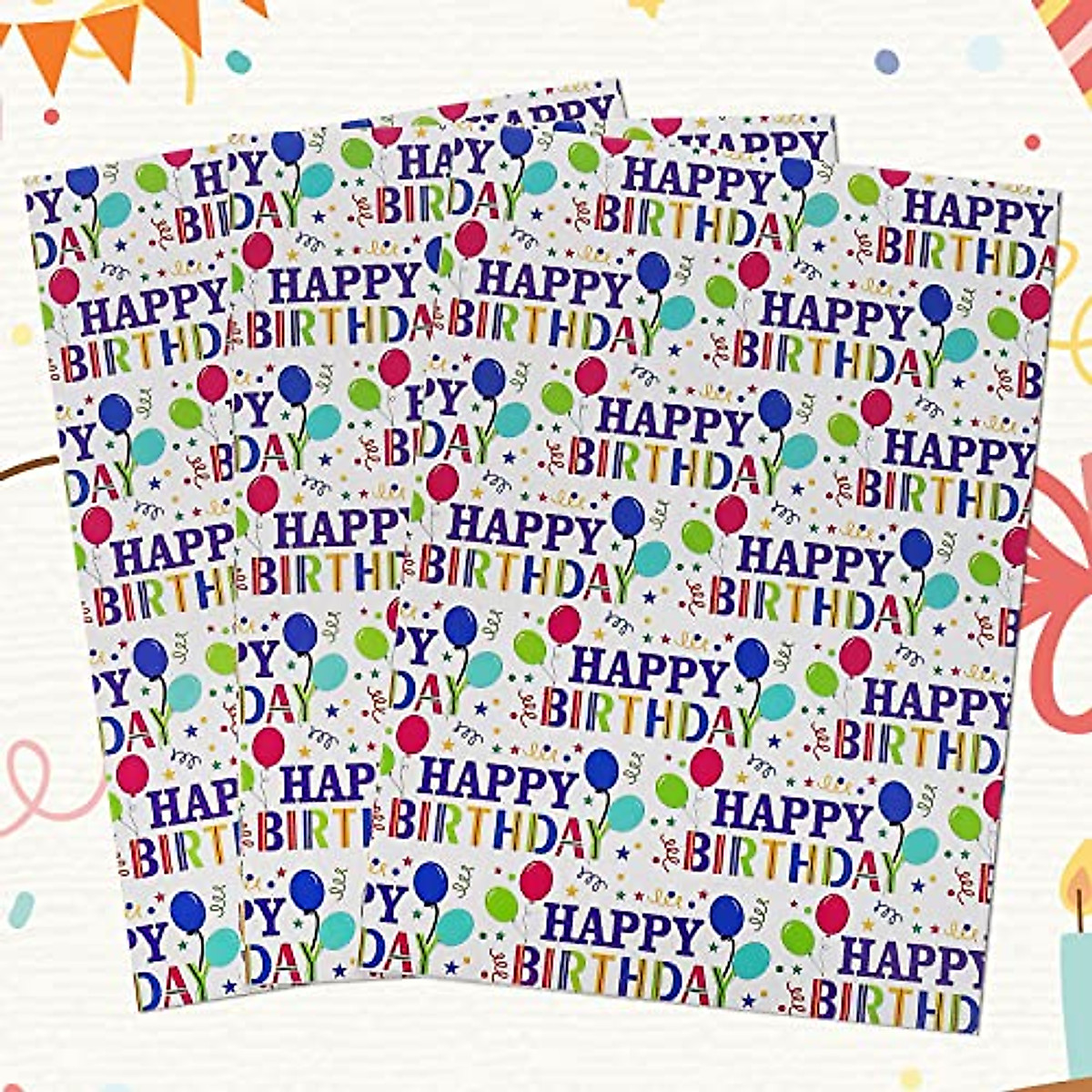 BULKYTREE Birthday Wrapping Paper with Cut Lines for Boys Girls Kids Men Women Holiday Birthday Theme Party Baby Shower - 3 Large Sheets Balloon Happy Birthday Gift Wrap - 27 Inch X 39.4 Inch Per Sheet