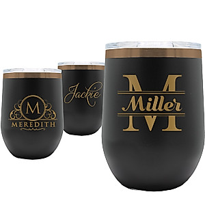 Personalized 12 oz Insulated Stemless Wine Tumbler - Custom Engraved and Monogrammed (Black with Gold)