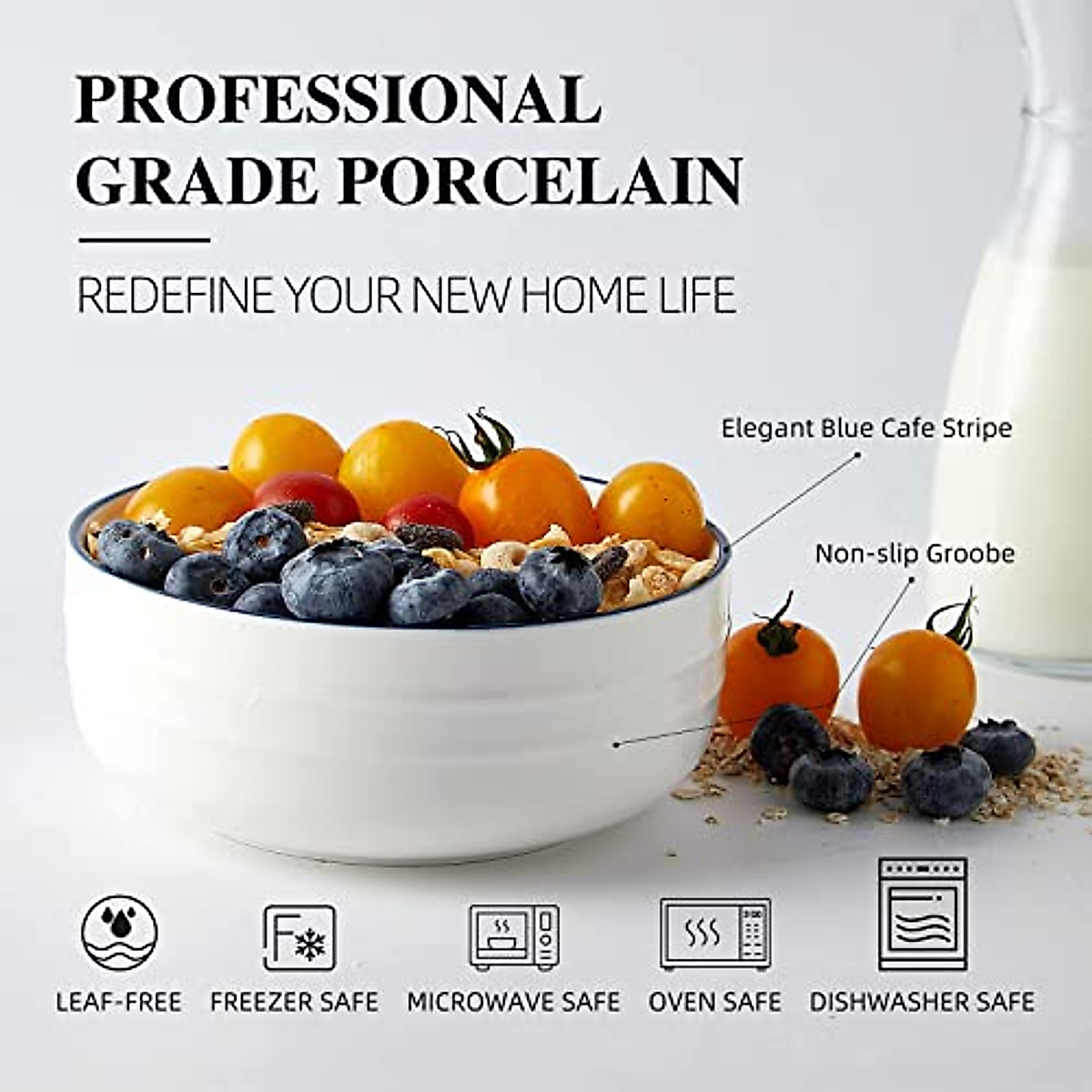 Pokini White Dinnerware Sets, 12-Piece Threaded Relief Kitchen Dinner Set, Plates, Bowls, Service for 4, Porcelain Round Embossed Dish Set with Cafe Stripe