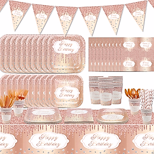 Rose Gold Party Supplies, Rose Gold Birthday Party Decorations for Girls, Women, Includes Dinner Plate, Dessert Plates,Tableware, Rose Gold Tablecloth, Cups, Table Napkins, Flag, Serves 20 Guests