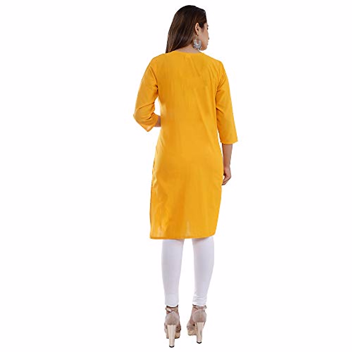 Ramkudi Indian Women's Plain Embroiderd Cotton Straight Kurti Top (Yellow)