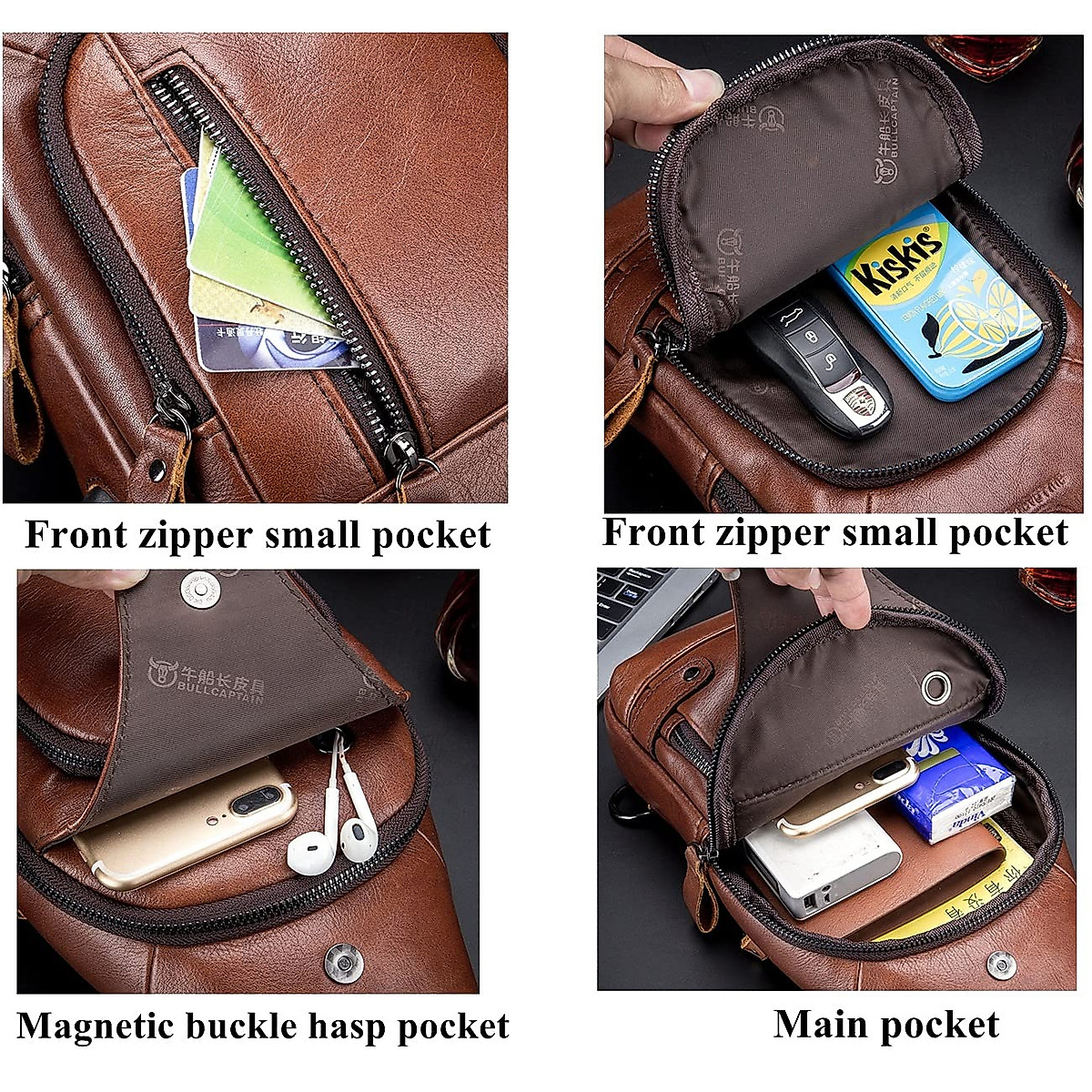 BULLCAPTAIN Men Crossbody Bag with USB Charging Port Genuine Leather Shoulder Sling Chest Bag Travel Hiking Backpack (Brown)